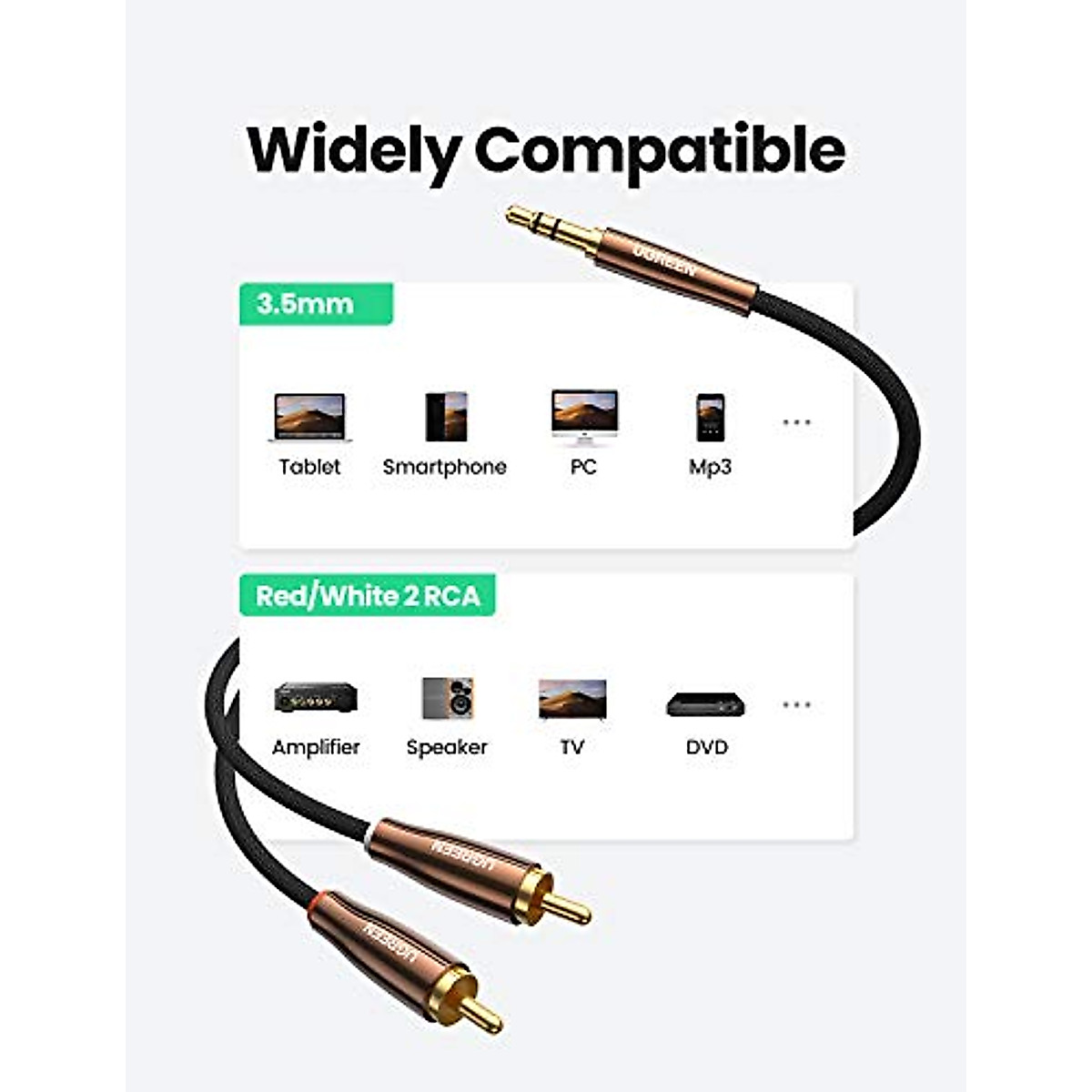 UGREEN 3.5mm to 2 Male RCA Cable Stereo Audio Adapter Braided Hi-Fi Sound Auxiliary RCA Y Splitter, Metal Shell Shielded Aux RCA Y Cord Compatible with Smartphone MP3 Tablet Speaker, 6FT