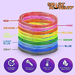 Smart Novelty Premium 3D Pen Filament Refill 10-in-1 Multicolor Bundle Universally Compatible Multicolored 1.75mm - PLA High Precision Pen & Printer Filament Refills- 16 Feet Per Color