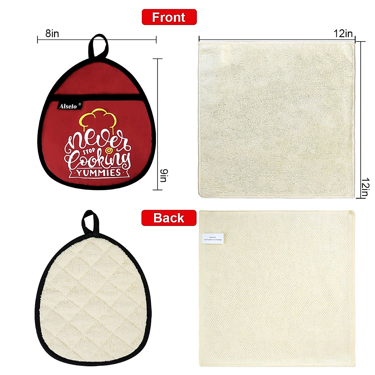 Alselo Pot Holders and Kitchen Towel, Heat Resistant Potholder 4 Piece with Microfiber Towel 1 Piece, Funny Baking Theme Hot Pats Festive Gift Oven Mitts for Cooking Baking BBQ (Dull-red, 5)