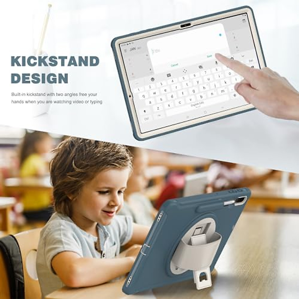 Junfire Galaxy Tab S8 Plus Protective Cover Case, Samsung Galaxy Tab S7 FE/S7 Plus 12.4" Shockproof Rugged Case with Hand Strap/Pencil Holder/Kickstand 2022/2020-Cronflower Blue