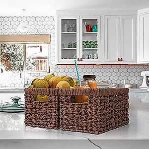 GRANNY SAYS Wicker Storage Baskets, Rectangle Storage Baskets for Shelves, Wicker Baskets for Organizing, Waterproof Woven Storage for Toilet Shelf Baskets, Laundry Room, Brown, 2-Pack