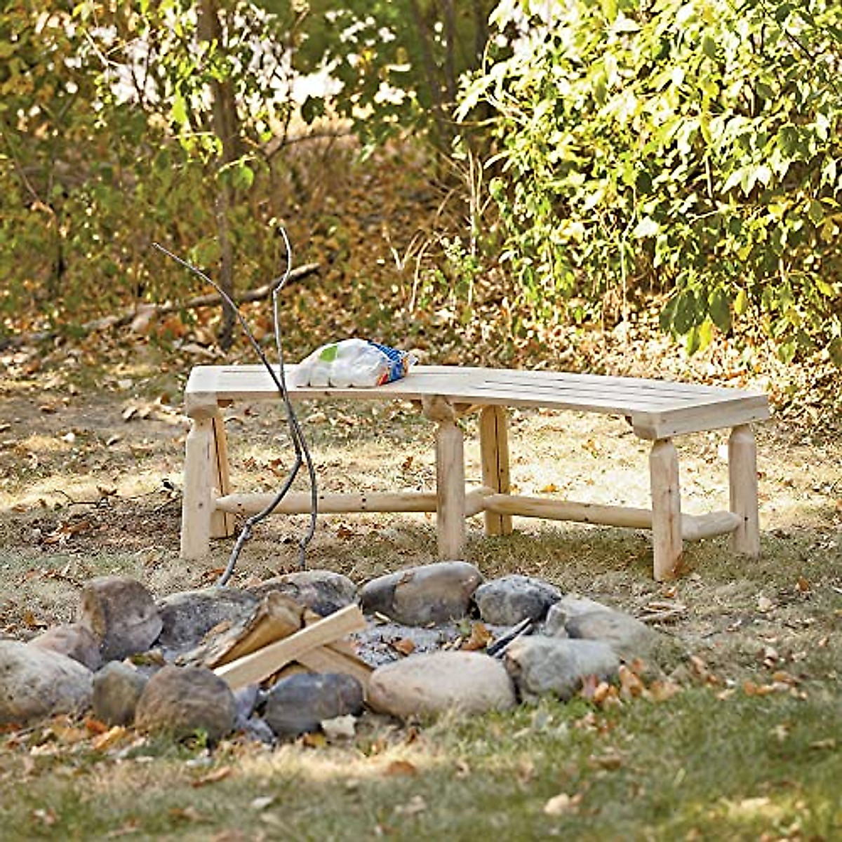 CASTLECREEK Curved Fire Pit Bench, Wood Log Bench Seat, Outdoor, Backyard, Rustic