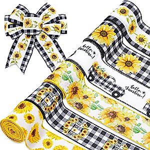 Whaline 36 Yard Sunflower Wired Edge Ribbon 6 Roll 2.5 Inch Buffalo Plaids Flower Fabric Ribbon Spring Summer Floral Decorative Craft Ribbon for Gift Wrapping Decor Hair Bow Sewing Wreath Crafts