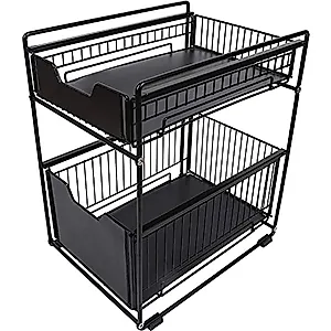 CBYJK Stackable 2-Tie Under Sink Cabinets Organizer With Sliding Storage Drawer, Under Sink, Pull Out Cabinets Organizer Shelf, Sliding Basket Organizer Drawer For Kitchen, Bathroom, Office, Black