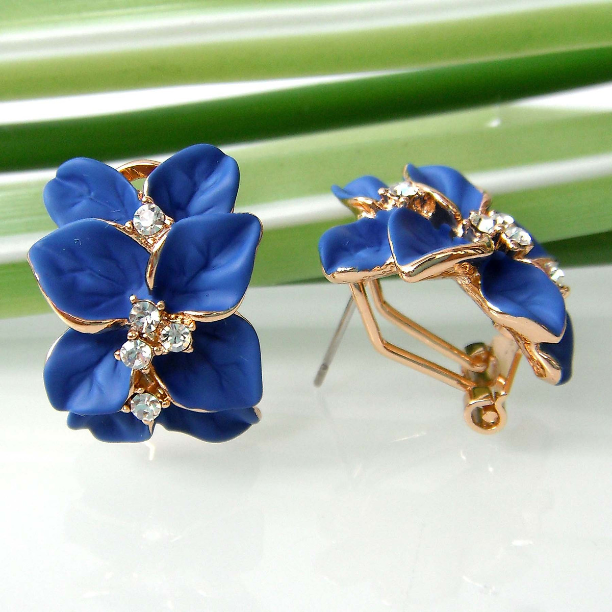 Navachi 18k Gold Plated Crystal Blue Enamel Leaves Flower Omega Earrings