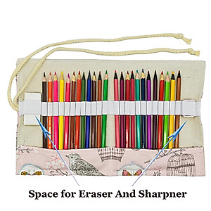 Lopenle Butterfly Colored Pencil Wrap Floral Roll Up Holders Birds Canvas Pencil Organizers for Artist Coloring Travel Storage With 72 Slots(Flower Butterflies Birds)