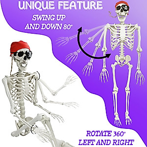 5.4Ft/165cm Life Size Skeleton Halloween Decor, Posable Poseable Human Pirate Skeleton, Full Size Skeleton with Posable Joints Bandana Eye Patch for Halloween Party Outdoor Haunted House Decor