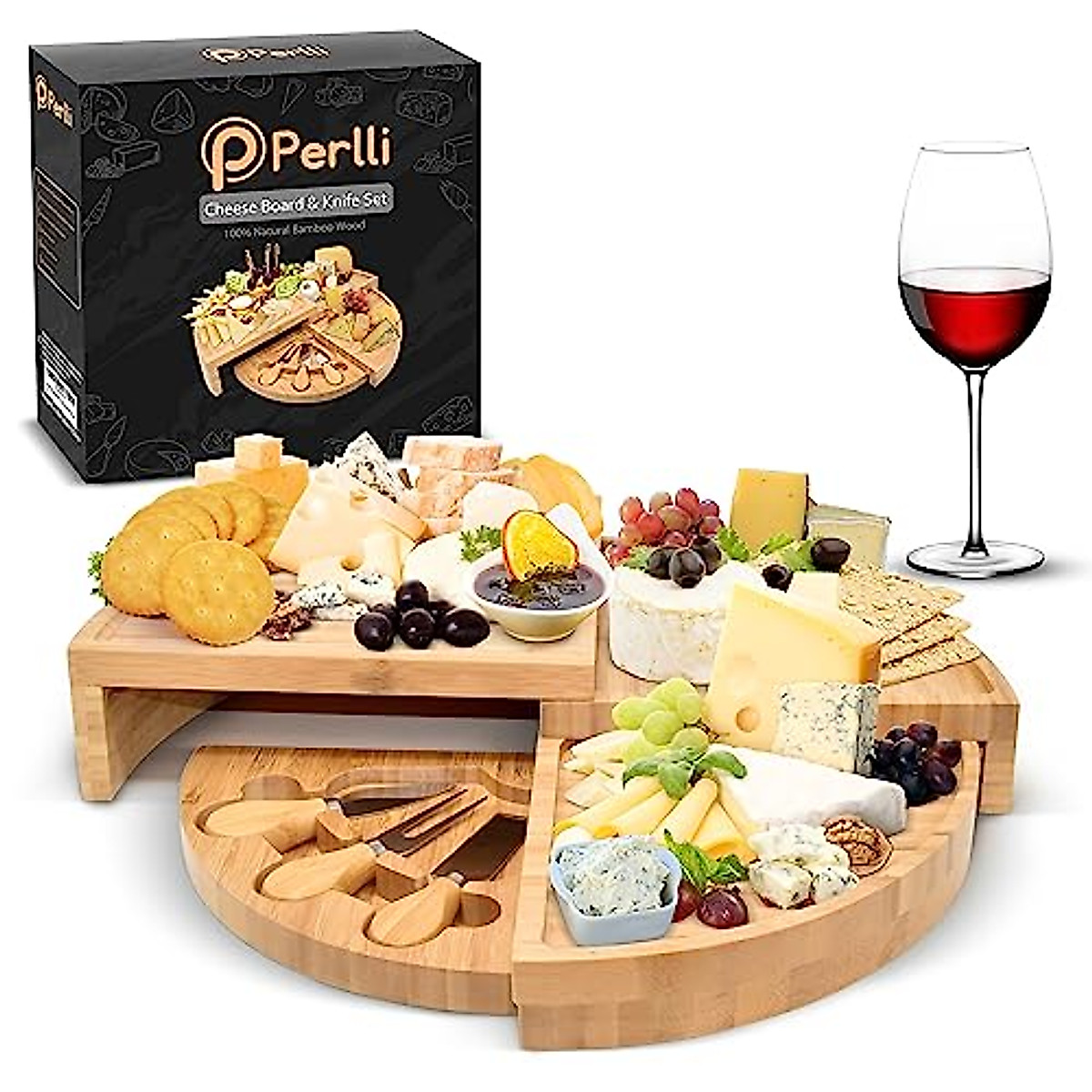 PERLLI Bamboo Cheese Board & Knife Set, Large Folding 18 Inch Round Wood Rotating Charcuterie Board Set Cheese Meat Wine Serving Tray Platter, Home Decor Holiday Gift Set