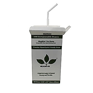 Compostable Straws, 200 Count Total, Mogalixe Certified Drinking Straws, 100% Plant-Based, Flexible, Paper Wrapped, Alternative to Plastic, Great for On The Go, Home, Restaurants... (200-Straws)