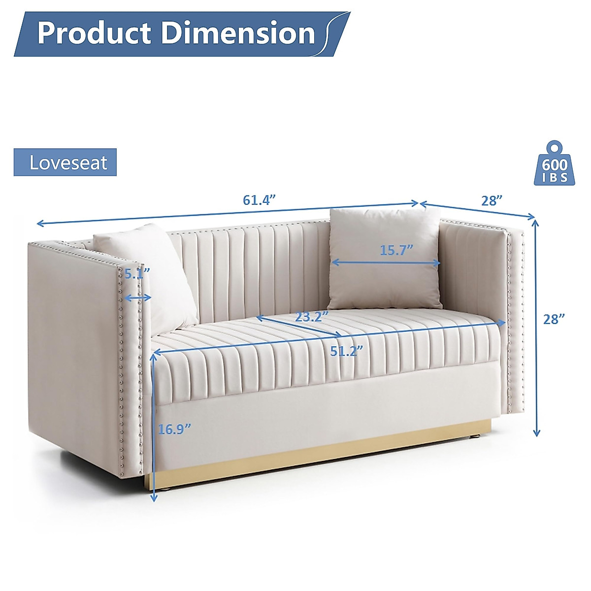 Nestglow Modern Vertical Channel Tufted Sofa Couch, 61.4‘’ Velvet Loveseat Sofa, Luxury 2-seat Comfy Couch with 2 Pillows and Gold Metal Legs for Living Room, Bedroom, Apartment, Beige