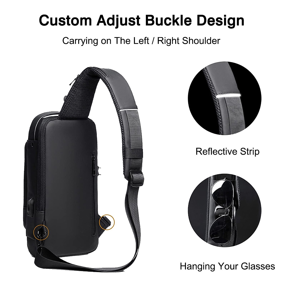 FANDARE Anti-theft Sling Bag Business Men Bag Chest Crossbody bags with USB Charging Port Waterproof Small Backpack for Outdoor Work Hiking Running Sport Travel Bag Black