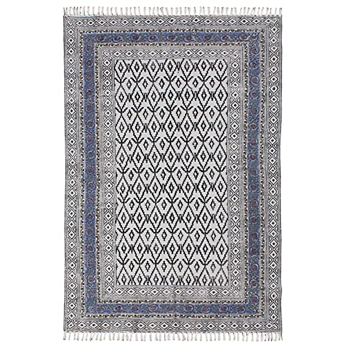 Casavani Hand Block Printed Rug Floral Blue & Beige Tassel Rug Boho Area Rug Easy Care Washable Rugs for Doormat Entryway Living Room Bedroom Hallway Balcony 12x12 Feet Square