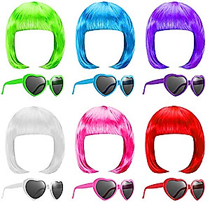 6 Pieces Party Wigs and Sunglasses Set Include Neon Short Bob Wig Colorful Sunglasses Cosplay Wig Daily Party Hairpieces for Halloween Party Supplies