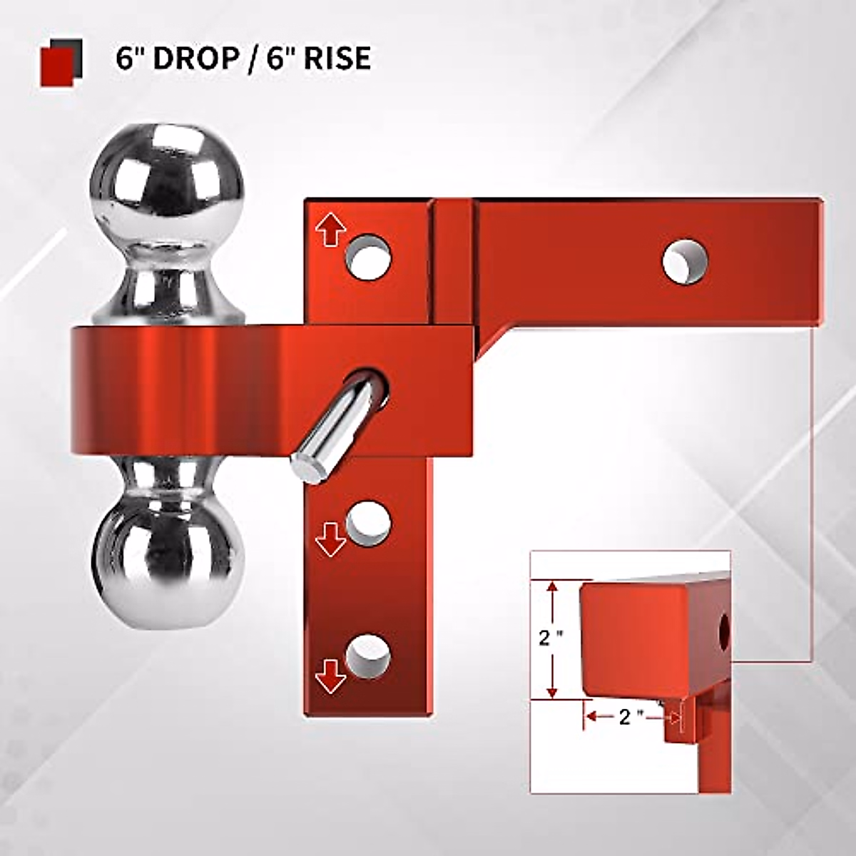 YITAMOTOR Adjustable Trailer Hitch, Fits 2-Inch Receiver, 6-Inch Drop Hitch, Aluminum Tow Hitch, Ball Mount, 2 and 2-5/16 inch Combo Stainless Steel Tow Balls with Double Pins, Red