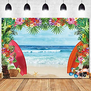 HQM 7x5FT Fabric Summer Tropical Beach Photo Background Beach Conch Hawaii Blue Sea Flower Children Birthday Luau Party Photography Backdrop Kids Baby Shower Cake Table Decor Supplies