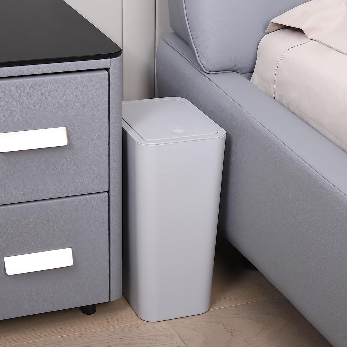 TIPGO Bathroom Trash Can with Lid, 10 Liter/ 2.6 Gallon Slim Garbage Can, Small Trash Bin Waste Basket with Pop-Up Lid for Kitchen, Bedroom, Living Room, Office (2 Pack, Grey)