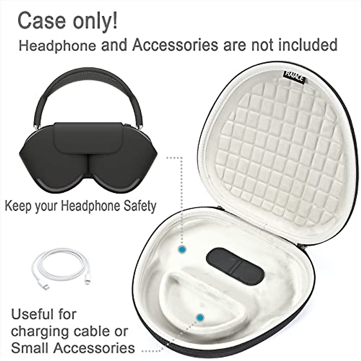 Hard Travel Carrying Case for Apple AirPods Max Headphone and It's Accessories, Protective Storage Bag - Black (Grey Lining)