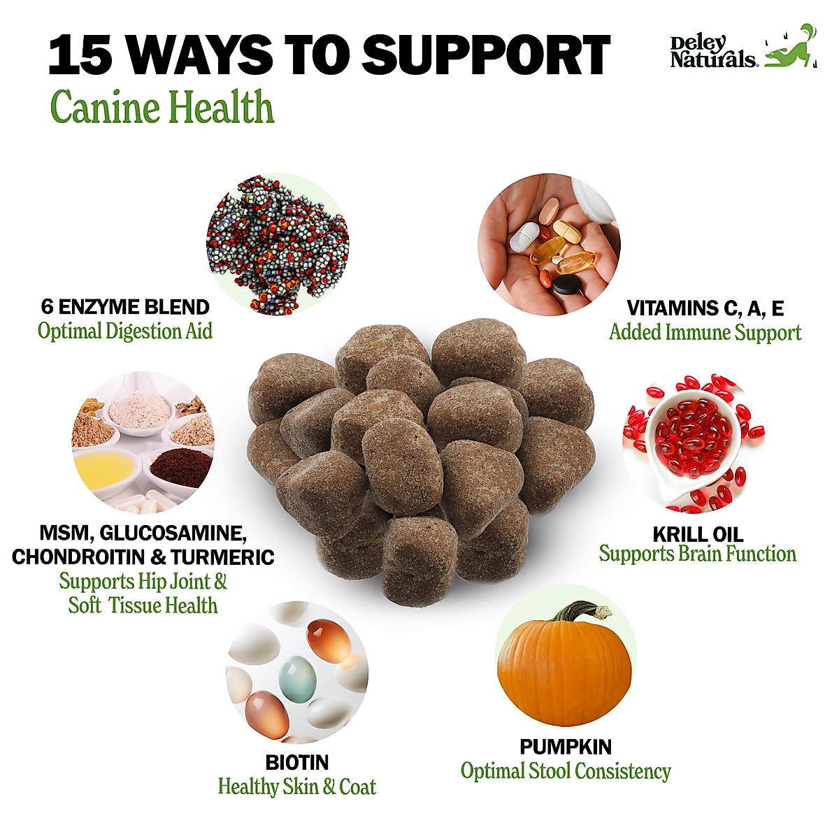 Deley Naturals Dog Multivitamins Chewable - 15 in 1 Dog Vitamins and Supplements for Immune System, Skin, Joint Support & Digestion - Dog Multivitamin for All Ages - Dog Vitamins Made in The USA