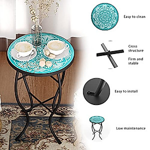 FROMJBEST Mosaic Outdoor Side Table, Patio Side Table, Weather Resistant 14" Diameter 21" H Ceramic Tile Round Outside Table for Patio, Porch, Garden, Pool, Indoor&Outdoor,Plant Stand (Cyan)