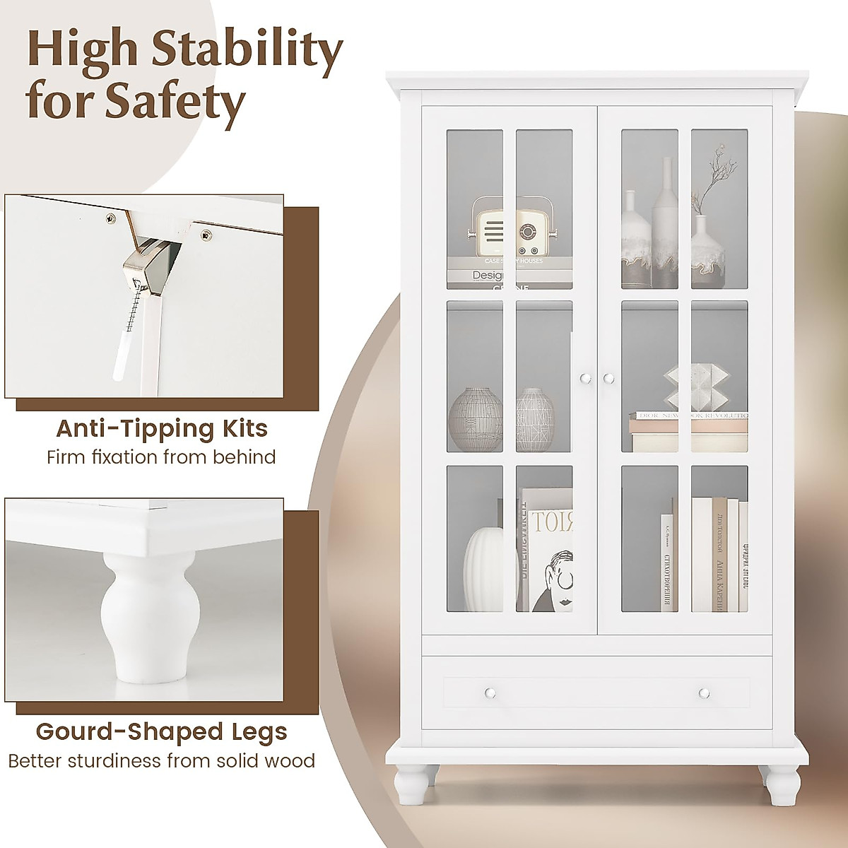 Giantex 55" White Bookcase with Doors and Drawer, Tall Wooden Bookshelf Organizer with Adjustable Shelves, Freestanding Glass Display Storage Cabinet for Living Room Bedroom Kitchen Pantry