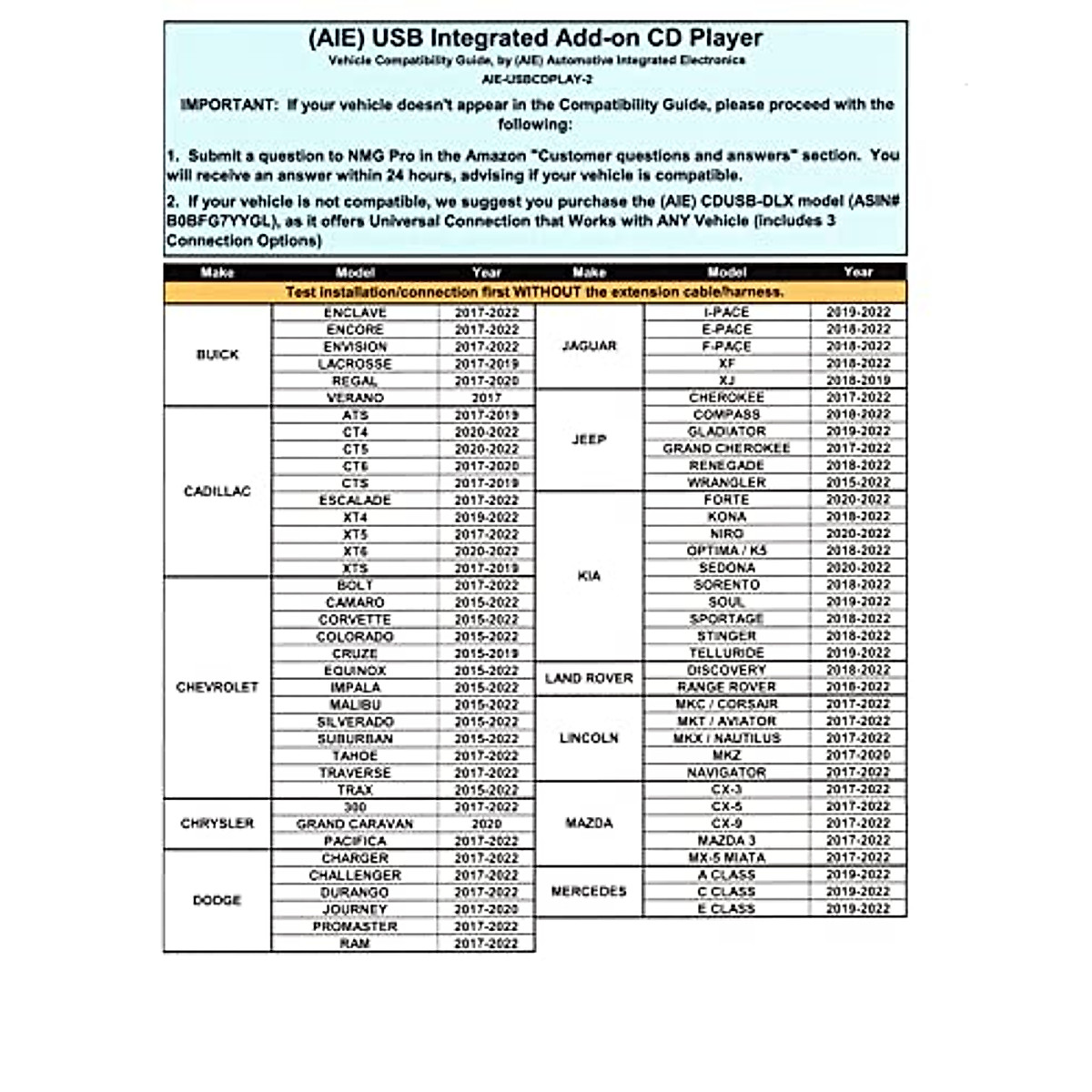 (AIE)-USBCDPLAY-2 – “Add-on” Car CD Player - Connects to Factory Audio System via USB Data Port Radio Connection – [Important] Confirm Vehicle Compatibility on Guide in Images