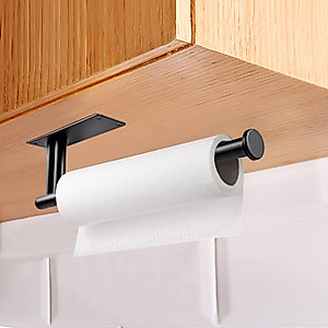 Paper Towel Holder Under Cabinet, Upgraded Version with Two Rods, Stainless Steel Paper Towel Holder Wall Mount, Self Adhesive or Drilling Under Counter Paper Towel Holder for Kitchen, Bathroom-Black