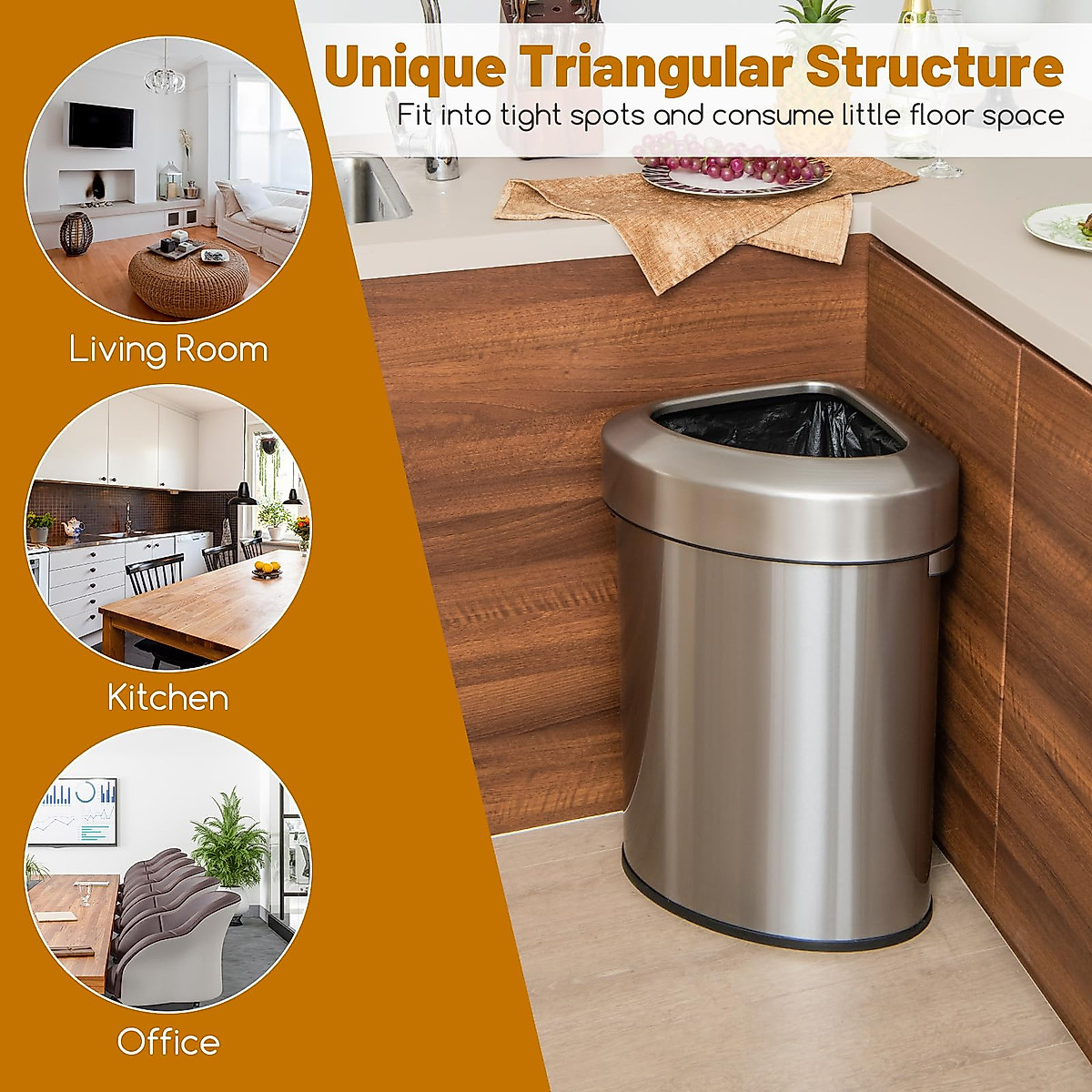 S AFSTAR Corner Trash Can 16 Gallon/60 L, Kitchen Garbage Can, Large Open Top Touchless Rubbish Can, Anti-Slip Bottom, Triangular Waste Bin, Stainless Steel Trash Bin for Bathroom Kitchen Bedroom