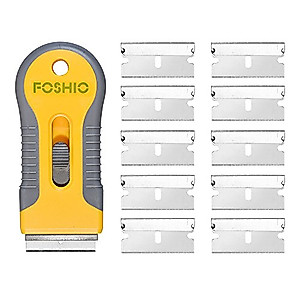 FOSHIO Retractable Yellow Plastic Razor Blade Scraper Tool with 10pcs Extra Carbon Steel Razor Blades for Glass Gasket Label Sticker Remover Tool,Grease Paint Window Razor Scraper