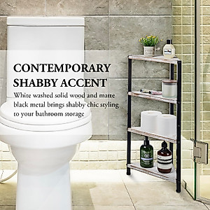 MyGift 4 Tier Shabby White Washed Solid Wood and Matte Black Metal Bathroom Corner Standing Shelf, Decorative Bath Storage Shelving Stand