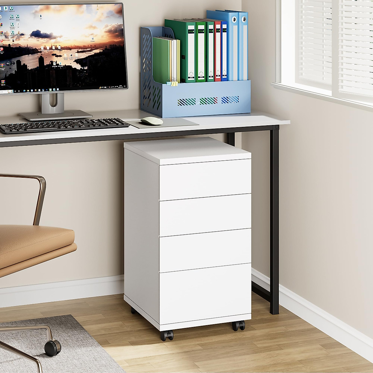 BOTLOG Mobile File Cabinet, 4-Drawer Filing Cabinet with Wheels, Rolling Pedestal Under Desk for Home Office Legal/Letter/A4 Size White