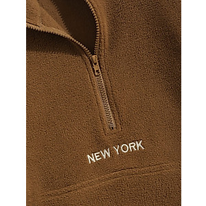ZAFUL Men's Fluffy Polar Fleece Sweatshirt NEW YORK Embroidery Colorblock Half Zip Unisex Hoodie Coffee M