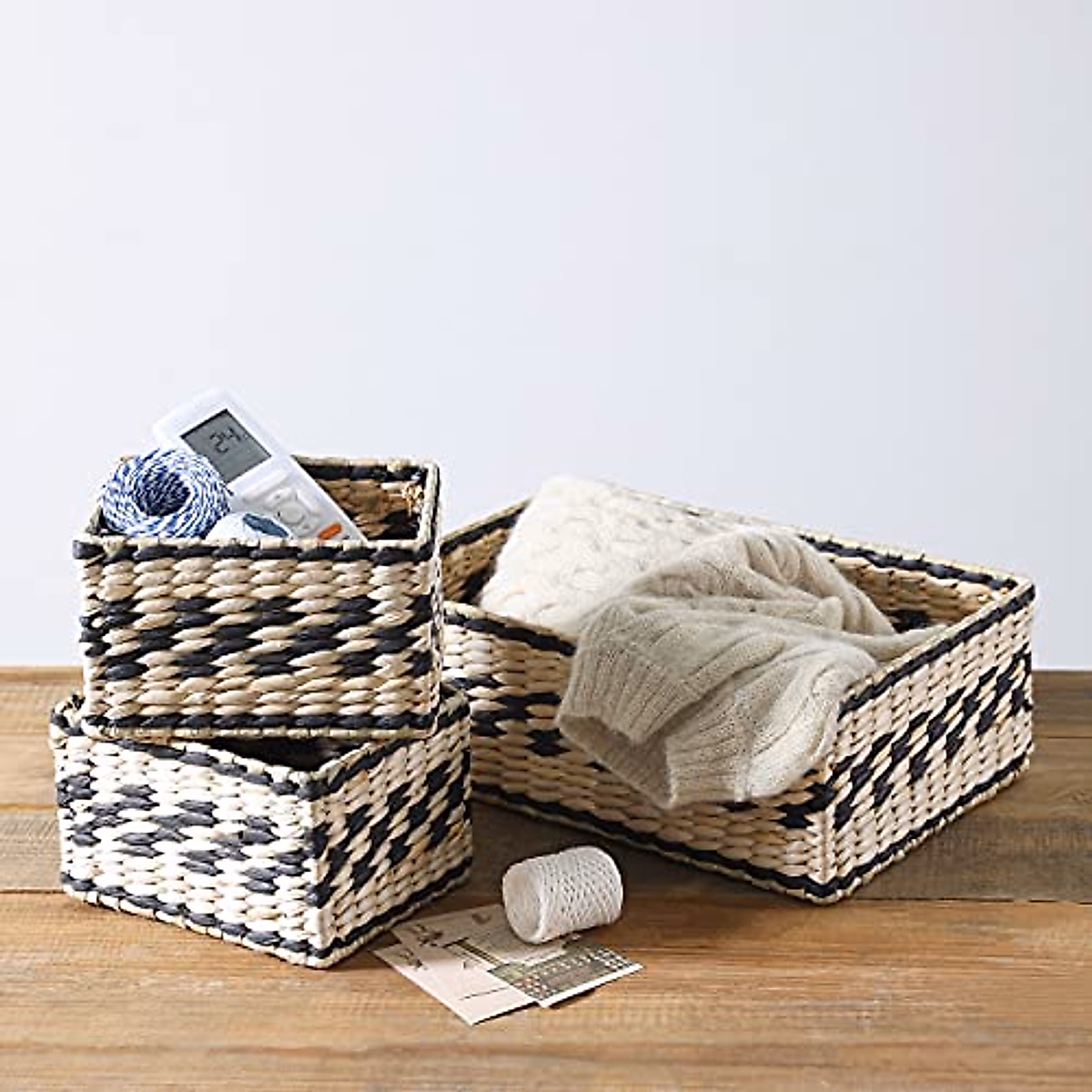 Water Hyacinth and Paper Handwoven Rectangle Basket (Assorted Set of 3, 1 Medium 13.8"x9.4"x5.1", 2 Small 7.5"x5.9"x4.5", Beige and Black)