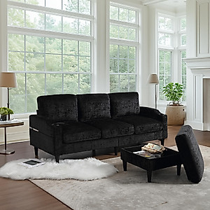 XUWANSHANG 77.36" Modular Sectional Sofa Couch, Chenille Fabric L Shaped Sectional Couches 3 Seater Couches with Storage Ottoman Cup Holders Side Pockets for Small Spaces Living Room Office, Black
