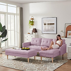 oaaktu 81" Sectional Sleeper Sofa，4 Seat U-Shaped Sofa Couch with Linen Fabric and Double Chaises, Modern Living Room Furniture Sets for Apartment (Pink)