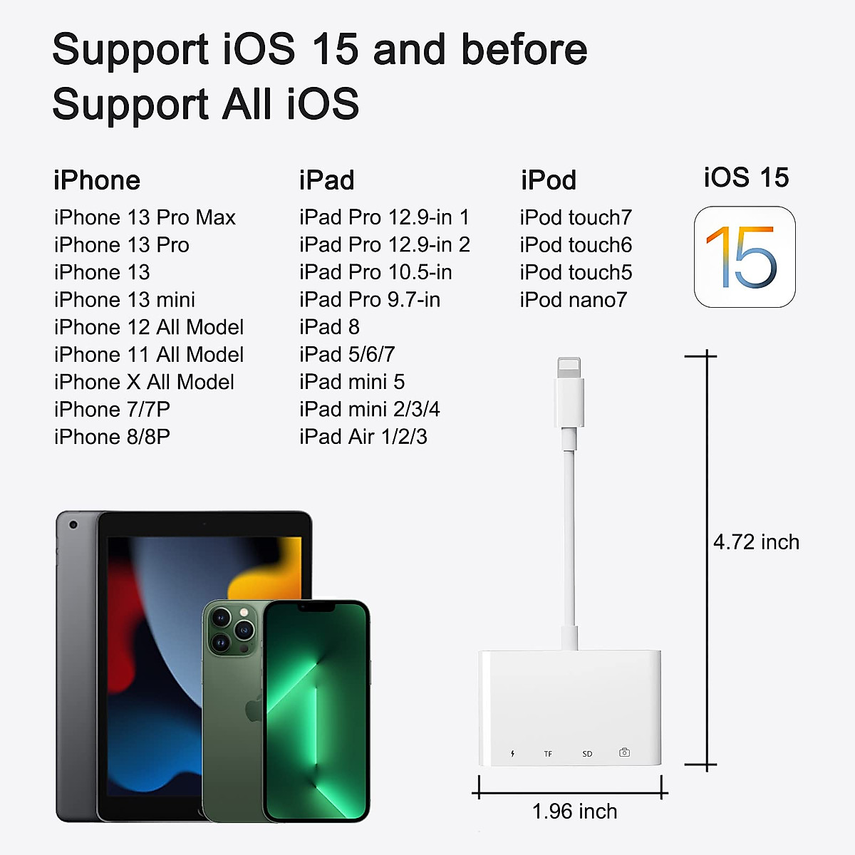 Anytrox SD TF Card Reader Adapter for iPhone/iPad,4 in 1 USB OTG Camera Connection Kits Adapter with SD TF Card Reader and Charge Adapter Compatible for iPhone/iPad,Support Newest iOS 16-White
