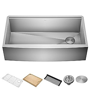 KRAUS Kore Workstation 36-inch Farmhouse Flat Apron Front 16 Gauge Single Bowl Stainless Steel Kitchen Sink with Integrated Ledge and Accessories (Pack of 5), KWF410-36