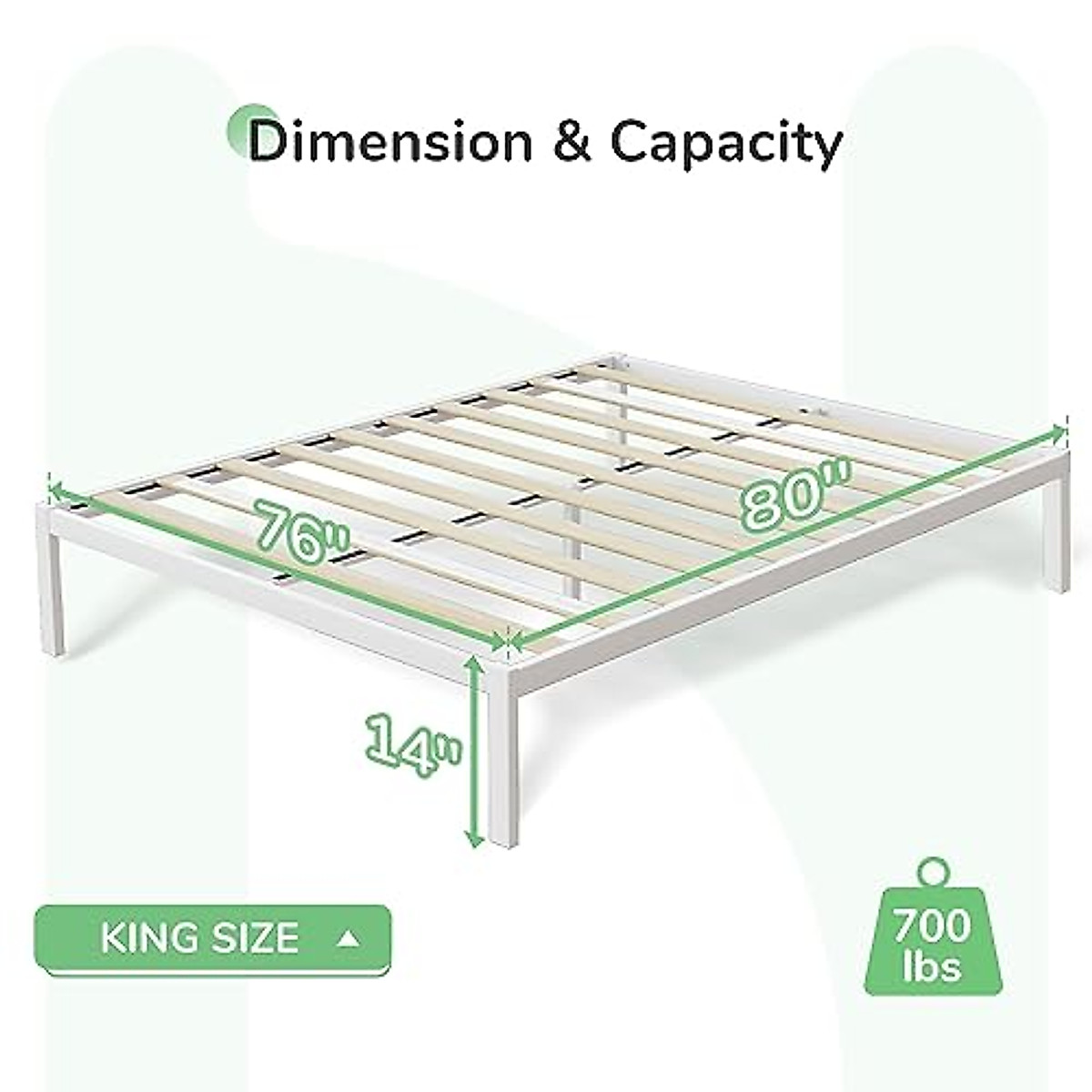 Novilla King Size Bed Frame without Headboard, Metal Platform Bed Frame, No Box Spring Needed, Heavy Duty, Wood Slat Support, Easy Assembly, White