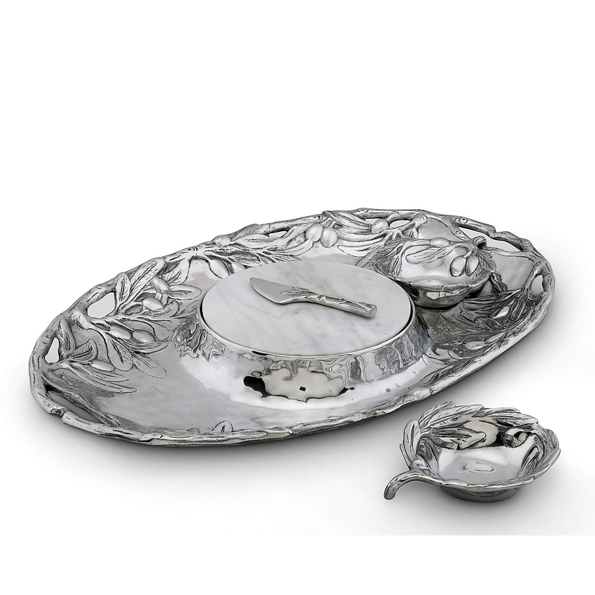 Arthur Court Sand-Cast Aluminum Olive Pattern 5 Piece Entertainment Tray 2 Serving Bowls, Tray, Spread, Marble 20 inch x 13 inch