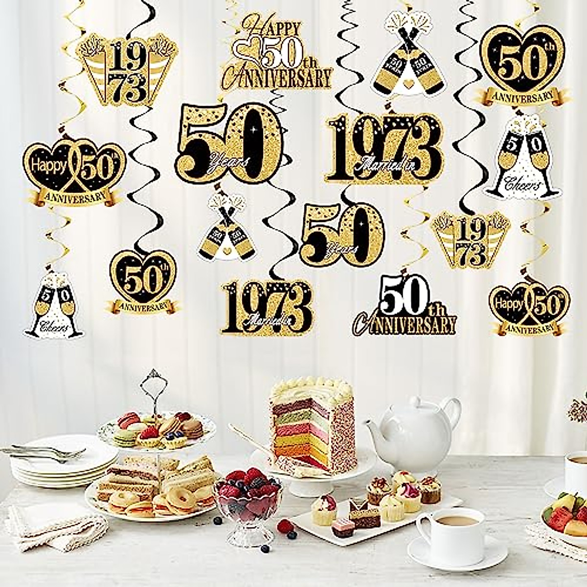 50th Anniversary Hanging Swirls Decorations, Black Gold Happy 50th Wedding Anniversary Married in 1973 Foil Swirl Party Supplies, Cheers to 50 Years Anniversary Ceiling Hanging Decor