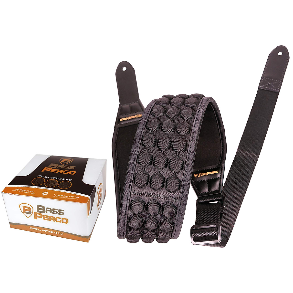 Bass Pergo AirCell Guitar Strap for Electric Guitar, Bass & Acoustic with 3.5" Wide Neoprene Pad w/ 4 Straps Locks, Adjustable Length from 47" to 55.", Black – Soft & Durable