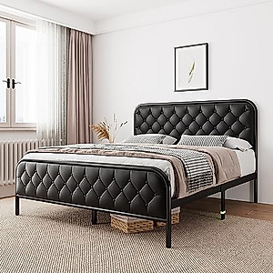 iPormis Upholstered Queen Platform Bed Frame, Heavy Duty Mattress Foundation, 12" Under Bed Space, Metal Slats Support, Button Faux Leather Headboard, Easy Assembly, Noise Free, Black