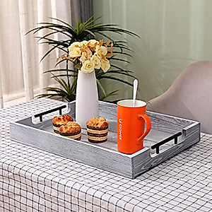 LONGNENG Wood Serving Tray Rectangle Gray Tray with Handles,Decorative Trays,Rustic Ottoman Tray for Living Room with Two Iron Handles