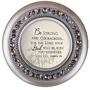 Cottage Garden Be Strong and Courageous Brushed Pewter Jewelry Music Box Plays Amazing Grace