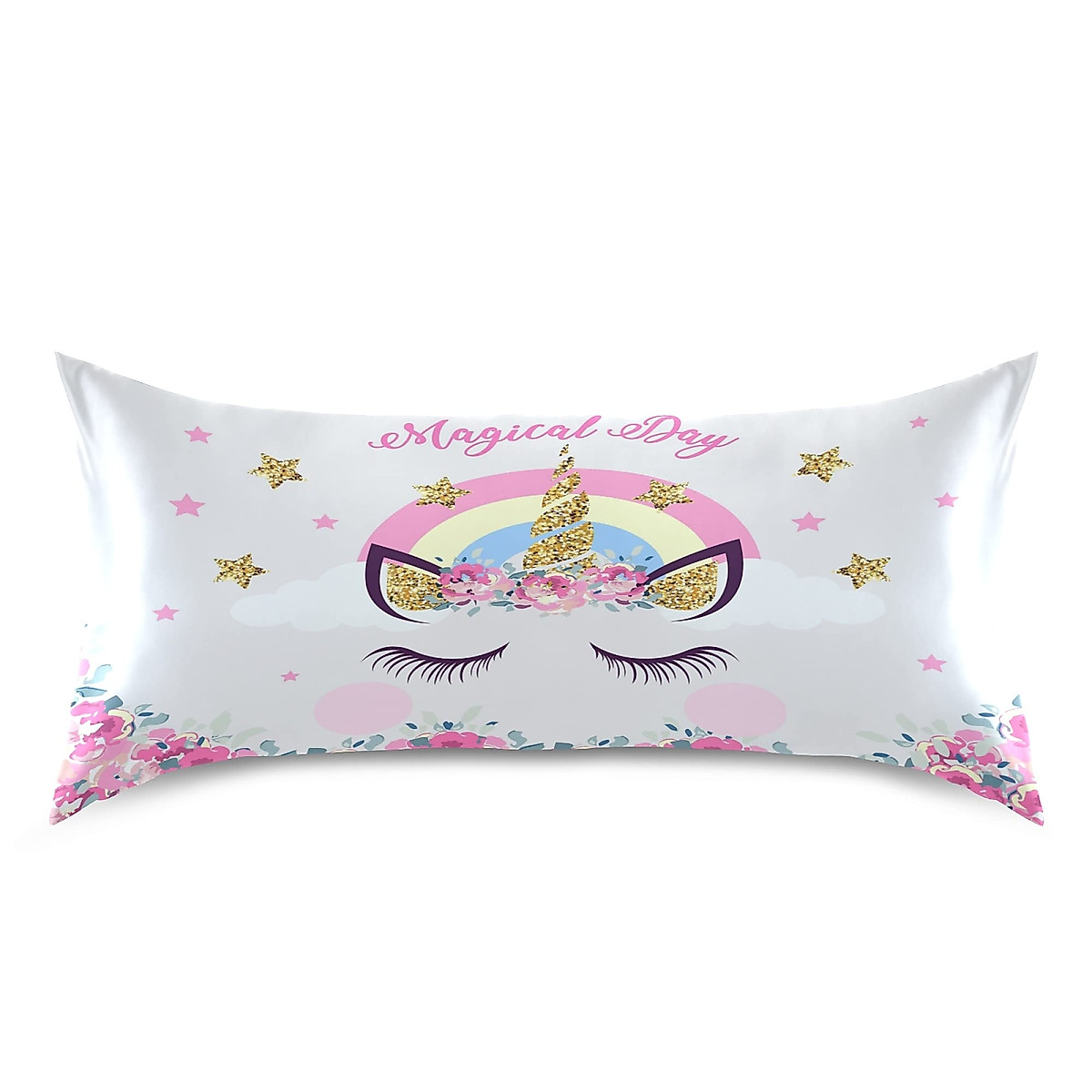 Dalzium Cute Unicorn Girl Print Satin Pillowcase for Hair and Skin, Unicorn and Pink Flowers Silk Pillow Case with Envelope Closure, Standard Size 20x26 inches, White, 1 PC