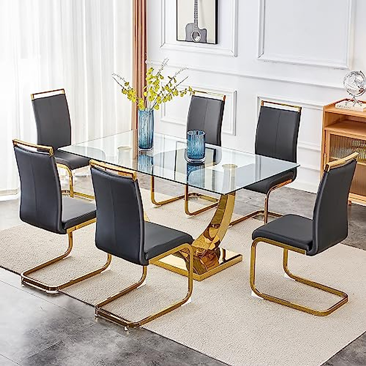 Wlvos 62.8" Rectangular Glass Dining Table for 4-6 with 0.39" Tempered Glass and Golden Chrome Metal Special-Shaped Bracket, for Kitchen Dining Living Meeting Room Banquet Hall (Golden)