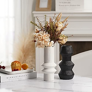 TERESA'S COLLECTIONS Modern Geometric Ceramic Vase for Home Decor, Black and White Decorative Vase for Fireplace, Flower Vases for Dining Table Decor, Living Room, Mantel, Shelf, 8 inch- Set of 2