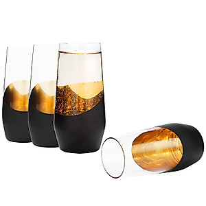 MyGift 11 oz Modern Black and Gold Plated Decorative Stemless Champagne Flute Wedding Party Drinking Glasses, Set of 4