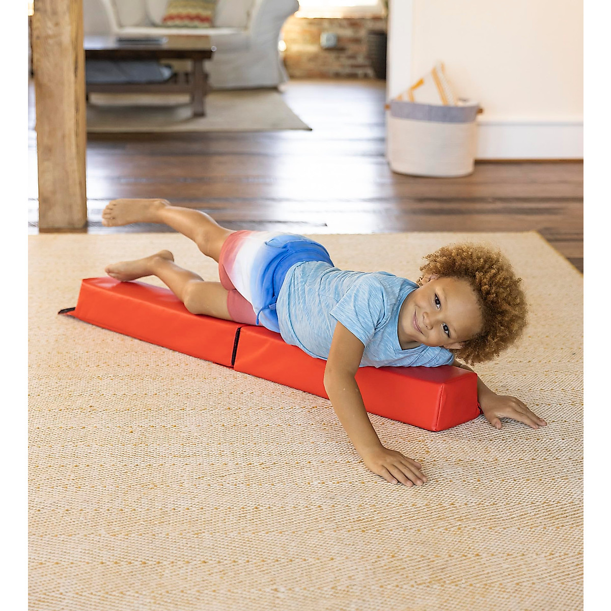Hearthsong 4-Foot Gymnastics Balance Beam, 24 "L x 5"W x 4"H, Red, 2-Piece Lightweight Foam, Hook and Loop Connectors, Non-Slip Surface, Ages 3 and Up