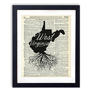 West Virginia Home Grown Vintage Dictionary Art Print, Antique Wall Art Home Decor, Modern Boho Poster, Farmhouse Decoration Living Room Bedroom Office 8x10 Inches, Ready To Frame