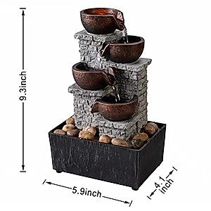 Kalona 4-Tier Cascading Bowl Fountains Indoor Waterfall Fountain Relaxation/Meditation Tabletop Fountain Artistic Peaceful Desk Fountains with Reflective Lighting/Rocks Home/Office Decoration(21132B)